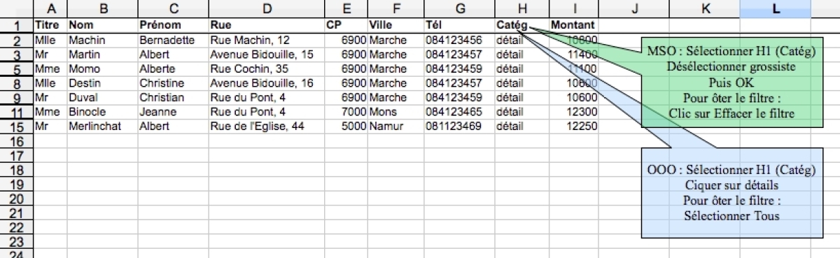 Module 3 Bureautique : Excel-Calc (Bases) - Exercice : 5 Fichier client simple